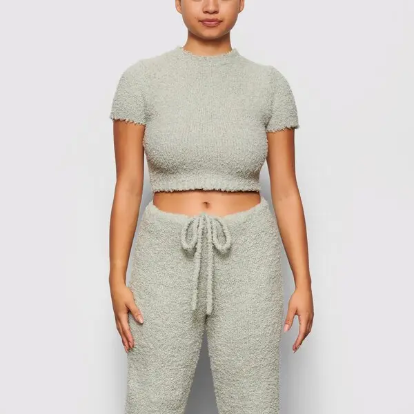 SKIMS Cozy Knit Cropped T Shirt - Aqua | Editorialist