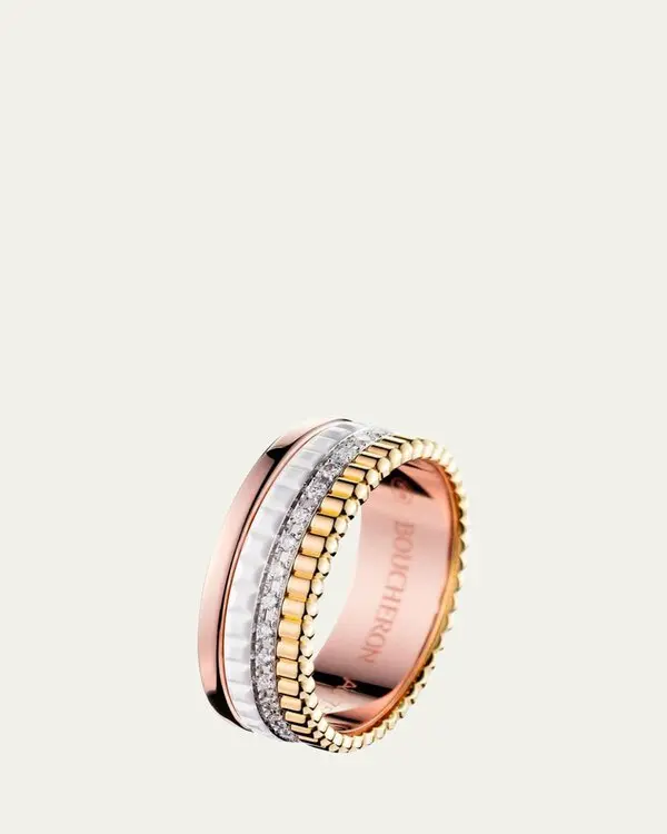 Boucheron Quatre Small Ring In Tricolor Gold, White Ceramic, And Diamonds - Tri Color Gold
