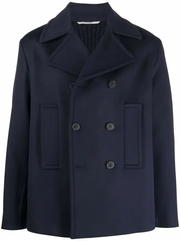 Valentino Garavani Ribbed-panel Double-breasted Coat - Blue