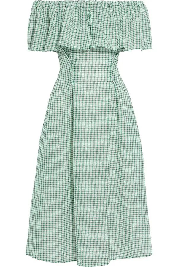 Rejina Pyo Olivia Off-The-Shoulder Gingham Gauze Midi Dress In Green - 55%  Off | Editorialist