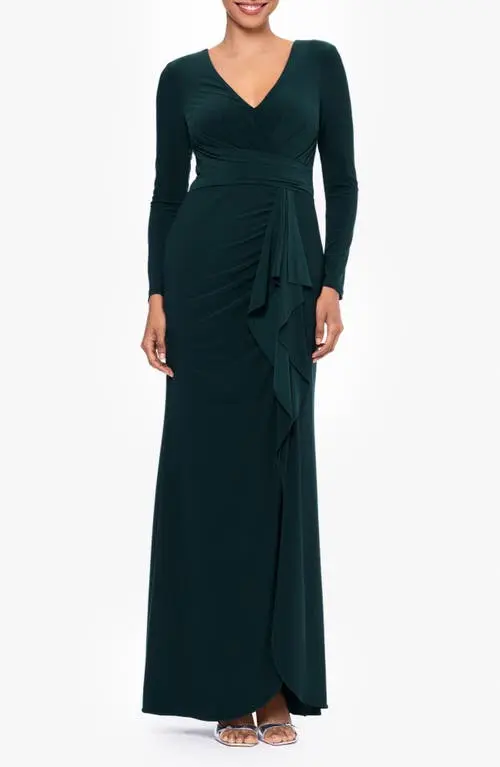 Betsy & Adam Cascade Ruffle Stretch Jersey Gown - Pine