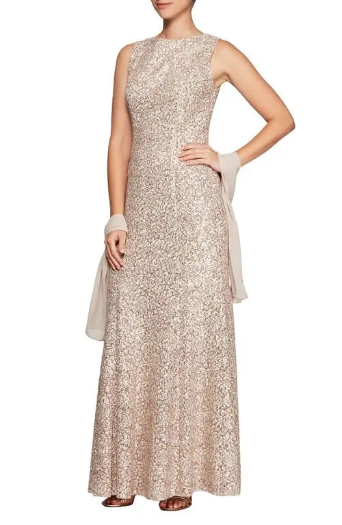 Alex Evenings Sequin Trumpet Gown With Shawl - Chai/ivory