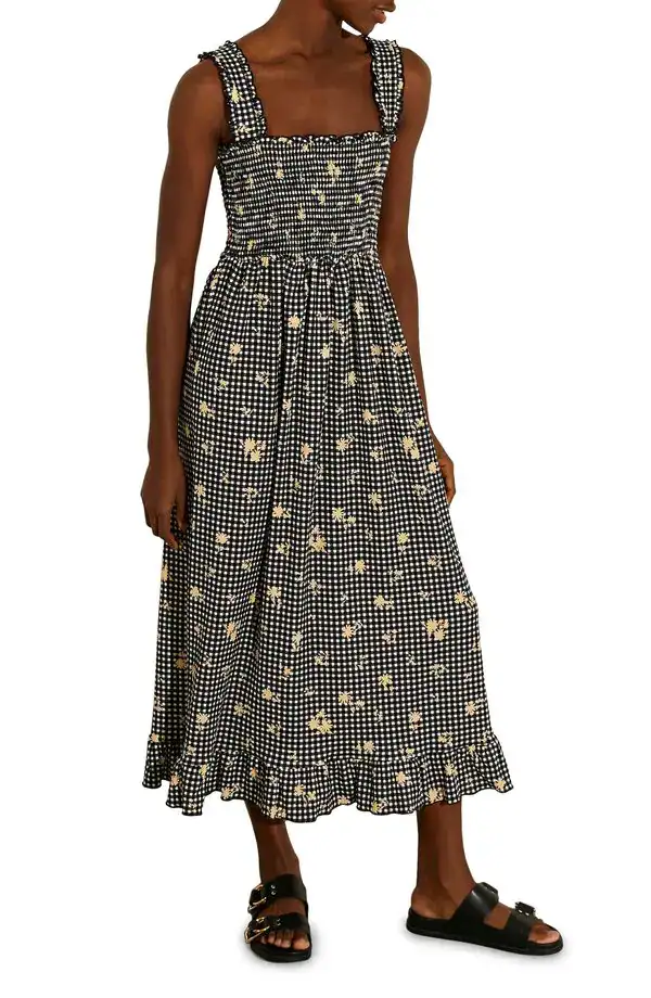 river island black floral midi dress River Island Floral Mesh Smock Midi Dress In Black