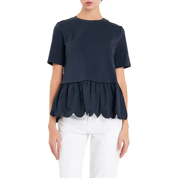 English Factory Mixed Media Scallop Peplum Top - Navy