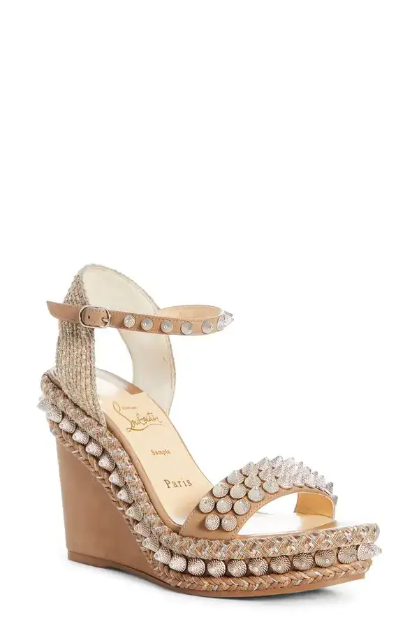 Christian Louboutin Lata Stud Wedge Sandal Beige/ Silver