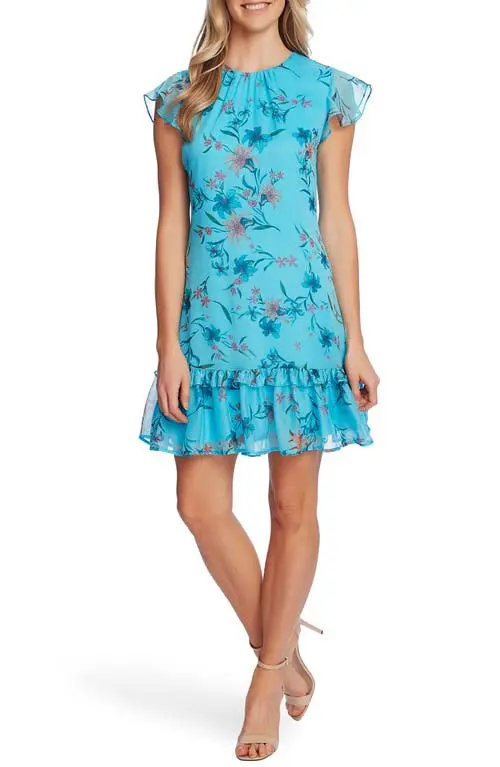 CECE DUPRAZ Floral Flutter Sleeve Shift Dress - Venice Blu