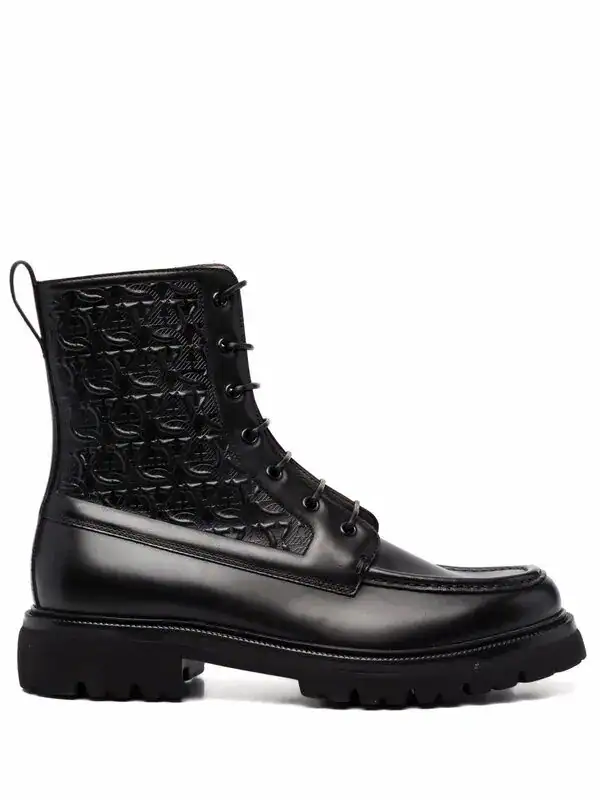 Ferragamo Gancini-Embossed Lace-Up Combat Boots In Black  display picture 2