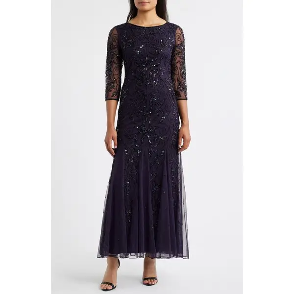 Pisarro Nights Illusion Sleeve Beaded A-line Gown - Deep Purple