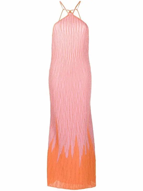 strapless open back dress PINK AND ORANGE RACER COLOUR BLOCK KNITTED MIDI DRESS