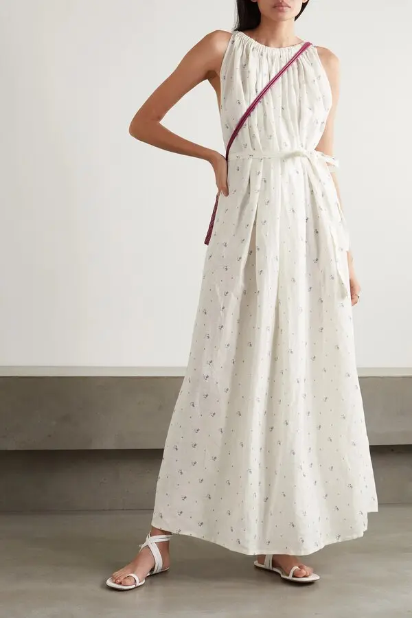 deiji studios linen dress Deiji Studios Net Sustain Totem Gathered Floral-Print Washed-Linen Maxi  Dress In White - 50% Off