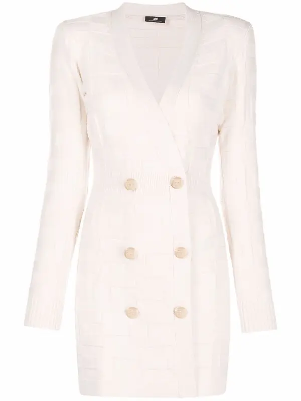 elisabetta franchi double breasted knit dress Elisabetta Franchi Beige Rib Knit Chain Detail Double Breasted Mini Dress S