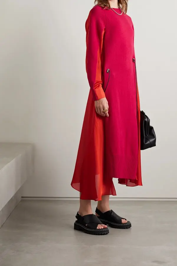 Sacai Asymmetric Paneled Wool, Satin And Chiffon Dress In Orange - 50% Off  | Editorialist
