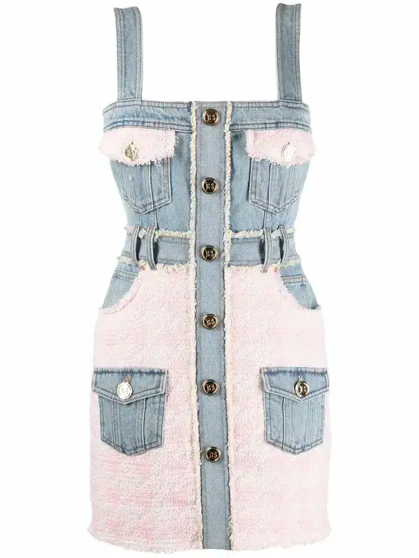 balmain denim and pink dress Multi-panel Short-sleeve Denim Dress