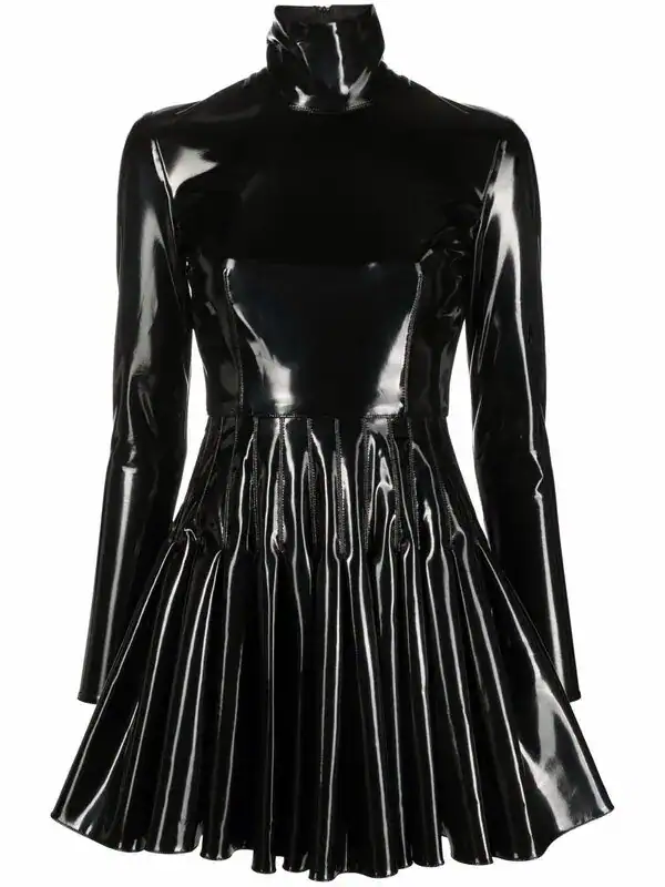 Alex Perry High-Neck Polished Faux-Leather Dress - Black | Editorialist