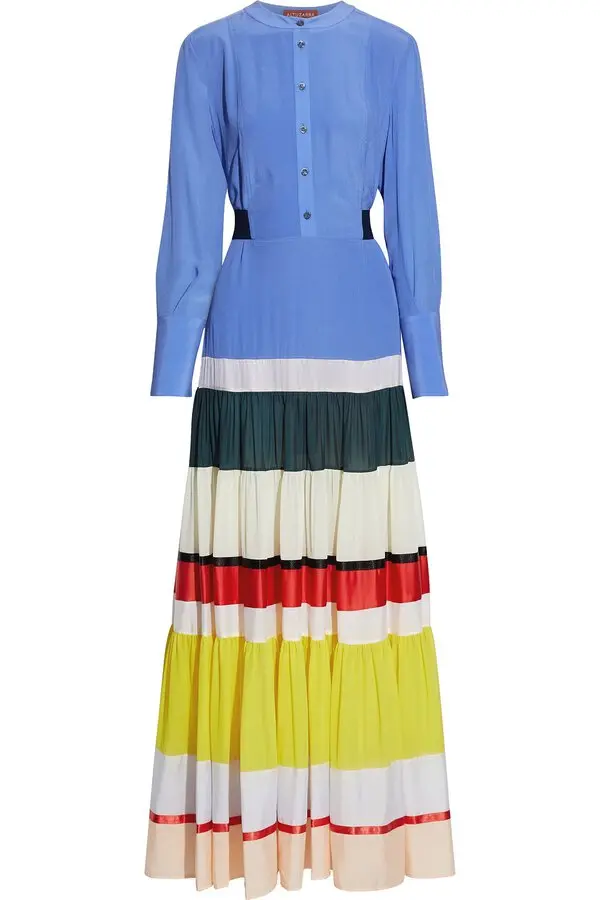 Altuzarra Tiered Color-Block Georgette And Crepe De Chine Maxi Dress In Blue  - 70% Off | Editorialist