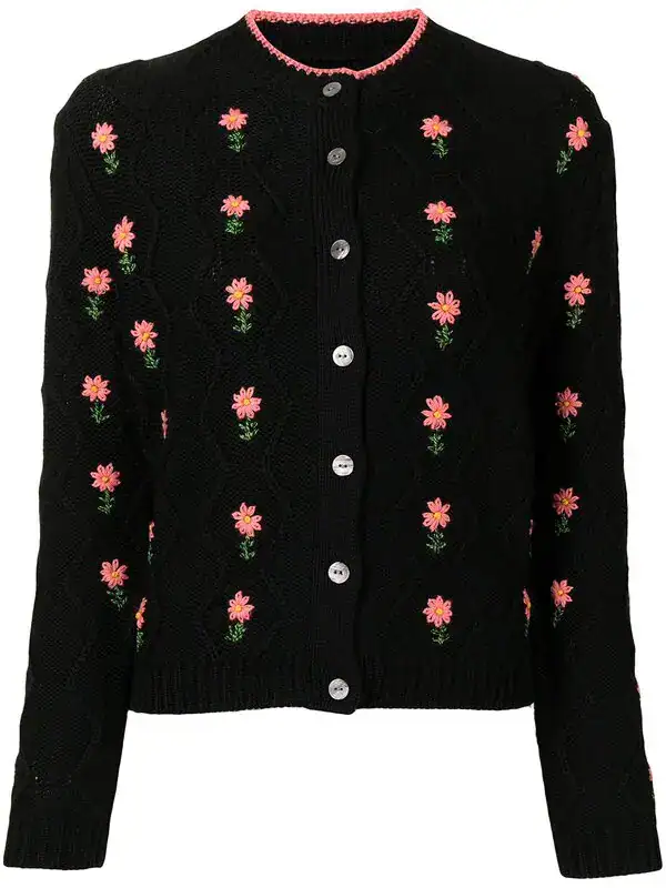 Shrimps Cable-Knit Floral-Embroidered Cardigan In Black 40% Off