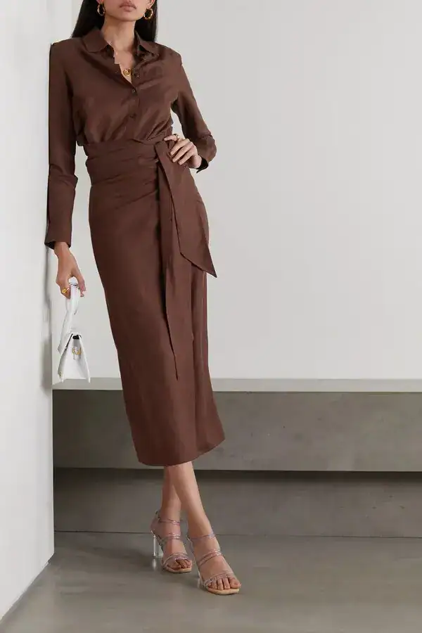 Usisi Sister Juliana Wrap-Effect Linen-Blend Shirt Dress In Brown - 40% Off  | Editorialist