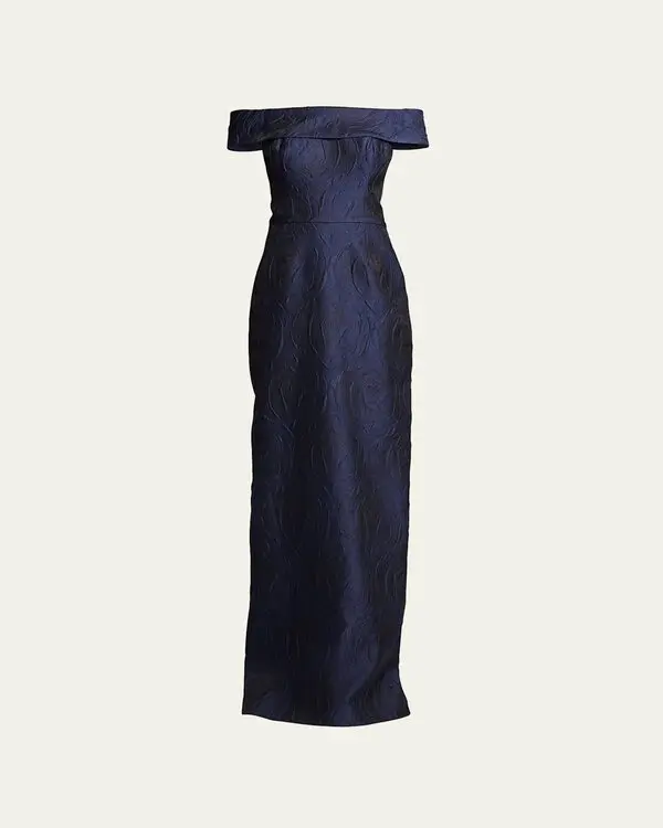 Rickie Freeman For Teri Jon Off-shoulder Jacquard Column Gown - Navy