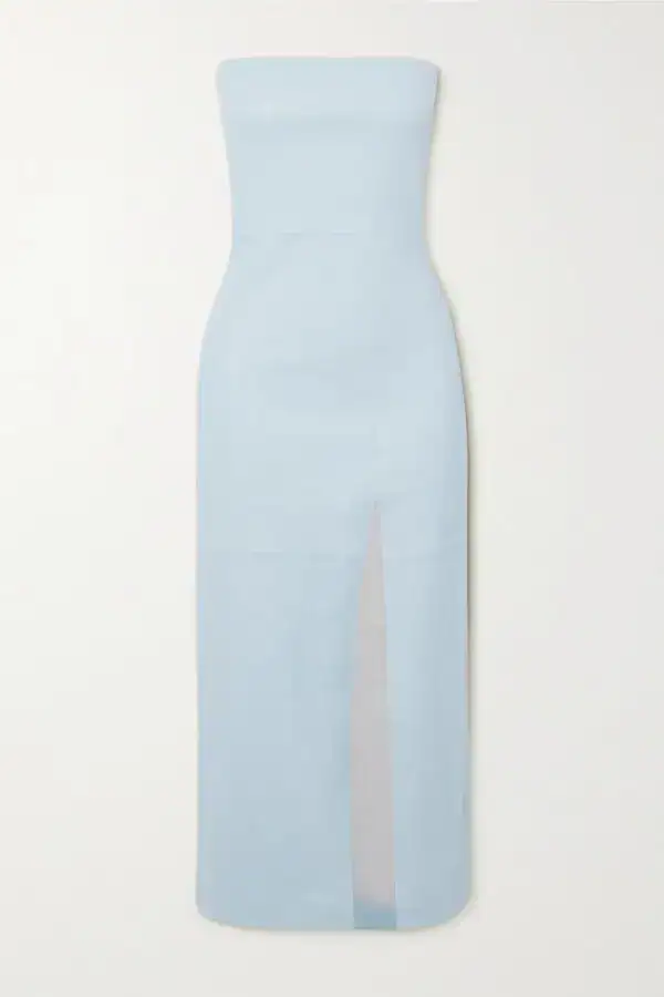 chinese dress ladies Cognac Shirred Faux Leather Strapless Midi Dress