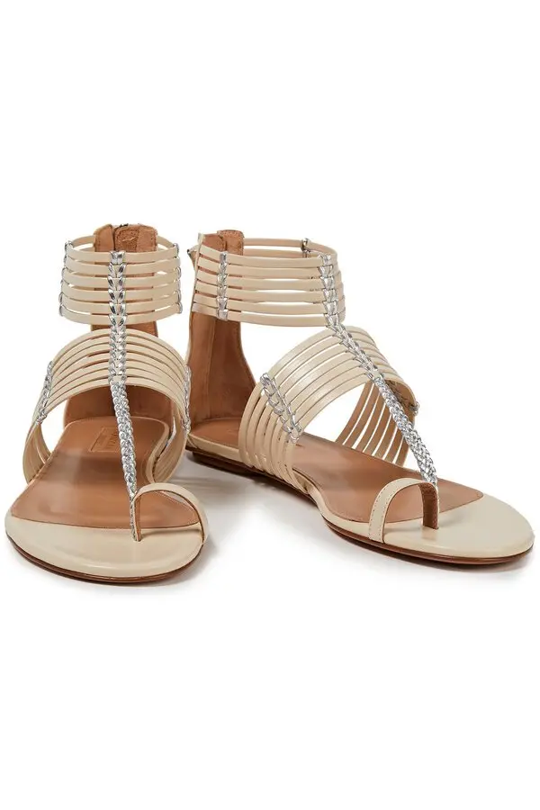 Aquazzura Ravello Metallic-Trimmed Leather Sandals In Cream 45