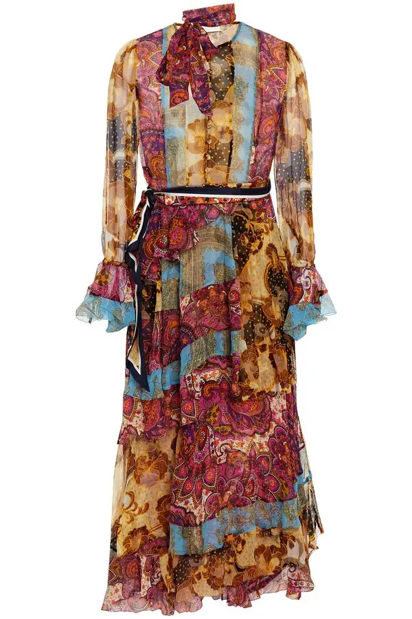 Zimmermann Fiesta Flounce Tiered Tie-Neck Printed Silk-Crepon Midi Dress  Size In Multicolor - 45% Off | Editorialist