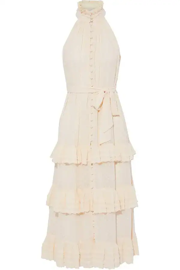 cream chiffon tiered midi dress Cowl Neck Floral Print Jacquard Chiffon Tiered Midi Dress - Cream