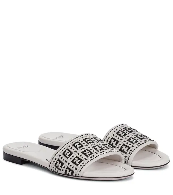 Fendi Ff Interlace Leather Slides In White 30% Off Editorialist
