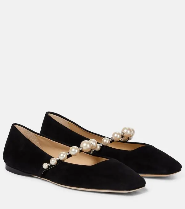JIMMY CHOO Ade Embellished Suede Ballerinas - Black