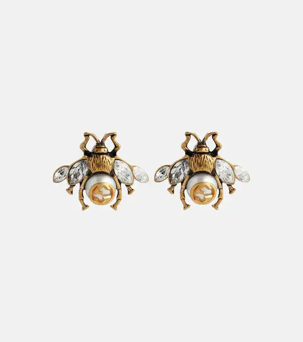 Gucci Bee Crystal-Embellished Earrings Gold Editorialist