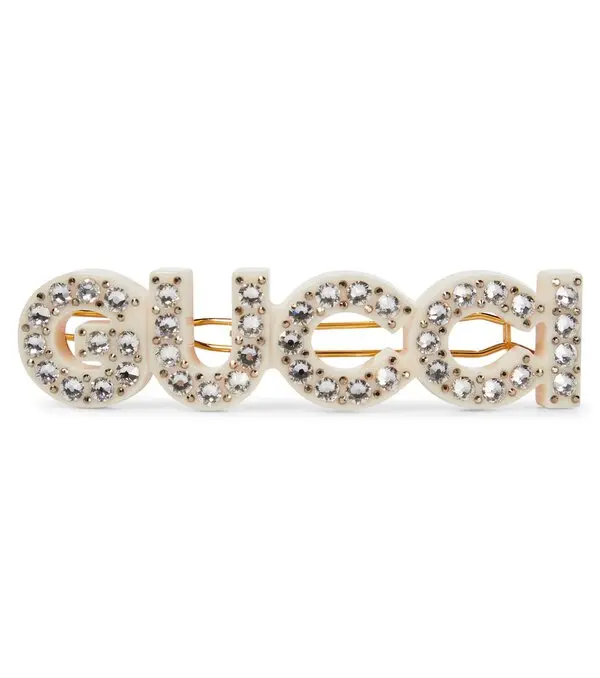 Gucci Logo Crystal-Embellished Hair Clip - White | Editorialist