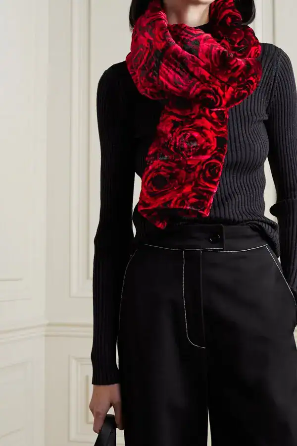 Dries Van Noten Gustave Floral-Print Quilted Velvet Scarf - Red
