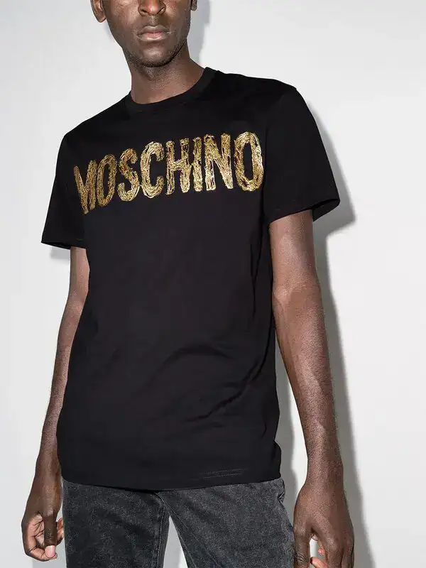 Moschino Paint-Effect Metallic Logo T-Shirt Black Editorialist