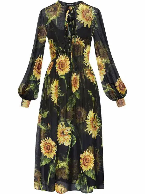 Oscar De La Renta Sunflower-Print Silk Midi Dress In Black - 62% Off |  Editorialist