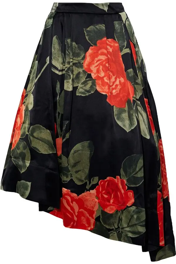 【Simone Rocha】 SILK Floral Pleated Skirt Simone Rocha Asymmetric Pleated Floral-Print Silk-Satin Midi