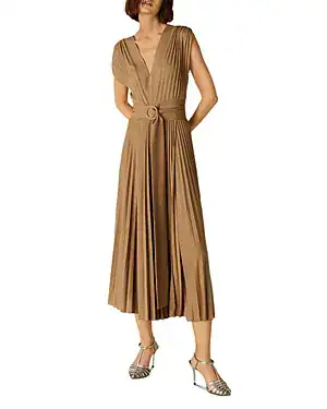 Marella Arnica Metallic Jersey Pleated Dress - Beige | Editorialist