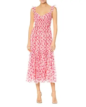 Monique Lhuillier Floral Embroidered Mesh Midi Dress In Peony - 35% Off |  Editorialist