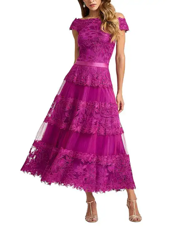 white christmas dresses Tadashi Shoji Women's Floral Wire Ruffle Detail Gown - Purple main image 1