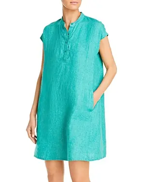 Eileen Fisher Band Collar Linen Dress In Deep Aqua - 40% Off | Editorialist