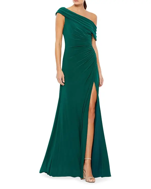 Mac Duggal Foldover Off-the-shoulder Slit Gown - Emerald