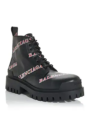 Balenciaga Logo Print Combat Boots In Nero/Rouge 40% Off