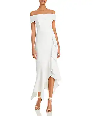 aqua off the shoulder crepe cocktail dress Theia Devyn Off Shoulder Dress In Aqua Mist