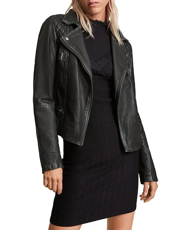 Allsaints Cargo Quilted Leather Biker Jacket In Black/Gray 32