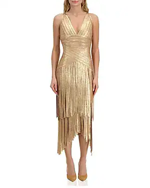 Herve Leger Deep V Layered Foil Fringe Bodycon Dress In Gold Foil