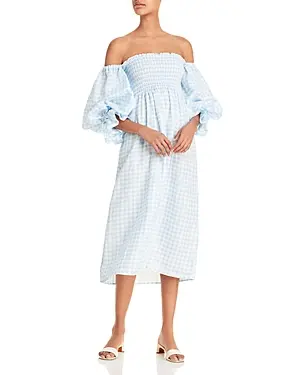Sleeper Atlanta Off-The-Shoulder Smocked Linen Dress In Blue & White - 40%  Off | Editorialist