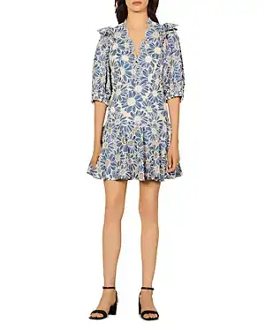 Sandro Audrey Embroidered Cotton Lace Dress In Blue - 40% Off | Editorialist