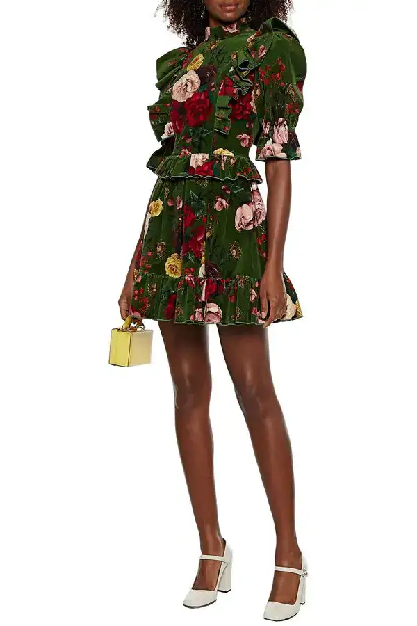 Dolce & Gabbana Ruffled Floral-Print Cotton-Blend Velvet Mini Dress In Leaf  Green - 45% Off | Editorialist