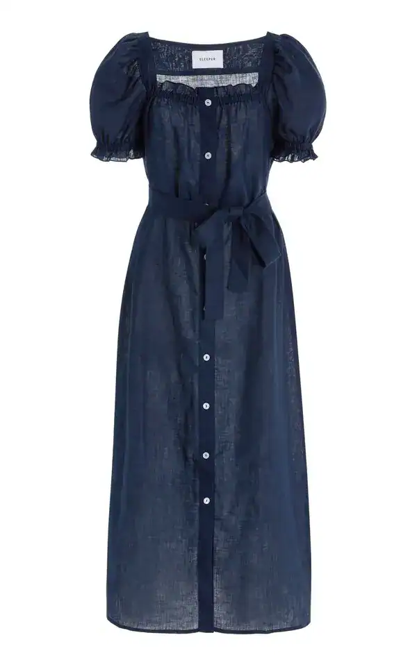 Sleeper Brigitte Linen Midi Dress In Navy - 40% Off | Editorialist