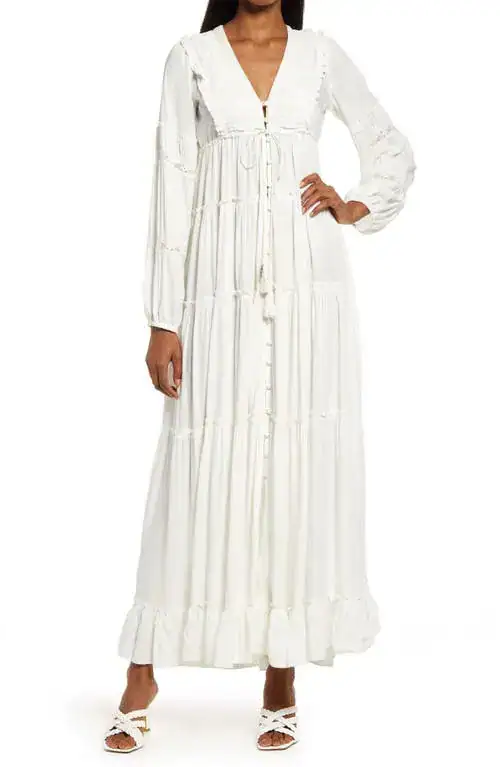 fitted lace wedding dress White Fringe Cut Out Lace Up Back Long Sleeves Dress