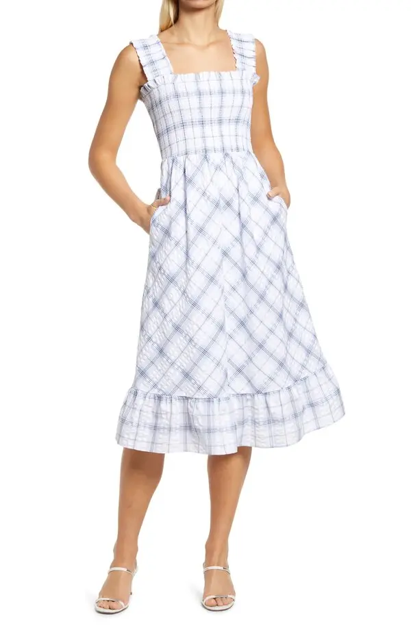 Eliza J Smocked Plaid Cotton Seersucker Midi Sundress In Navy 40