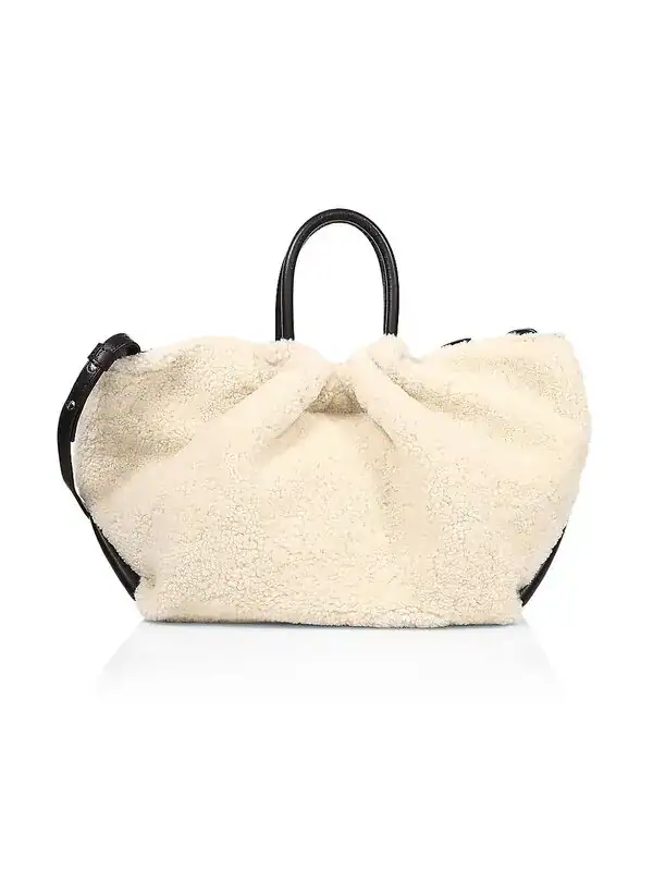 DEMELLIER Los Angeles Leather-trimmed Shearling Tote - Ivory Black ...
